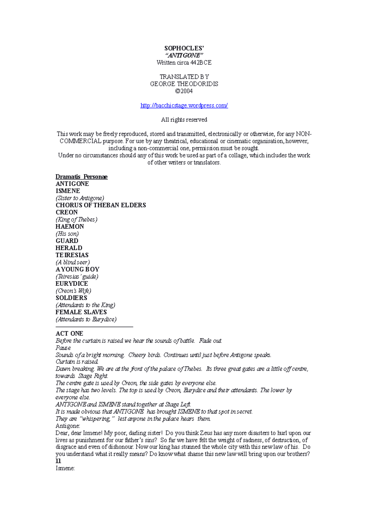 Antigone Simple Version - SOPHOCLES’ “ANTIGONE” Written circa 442BCE ...