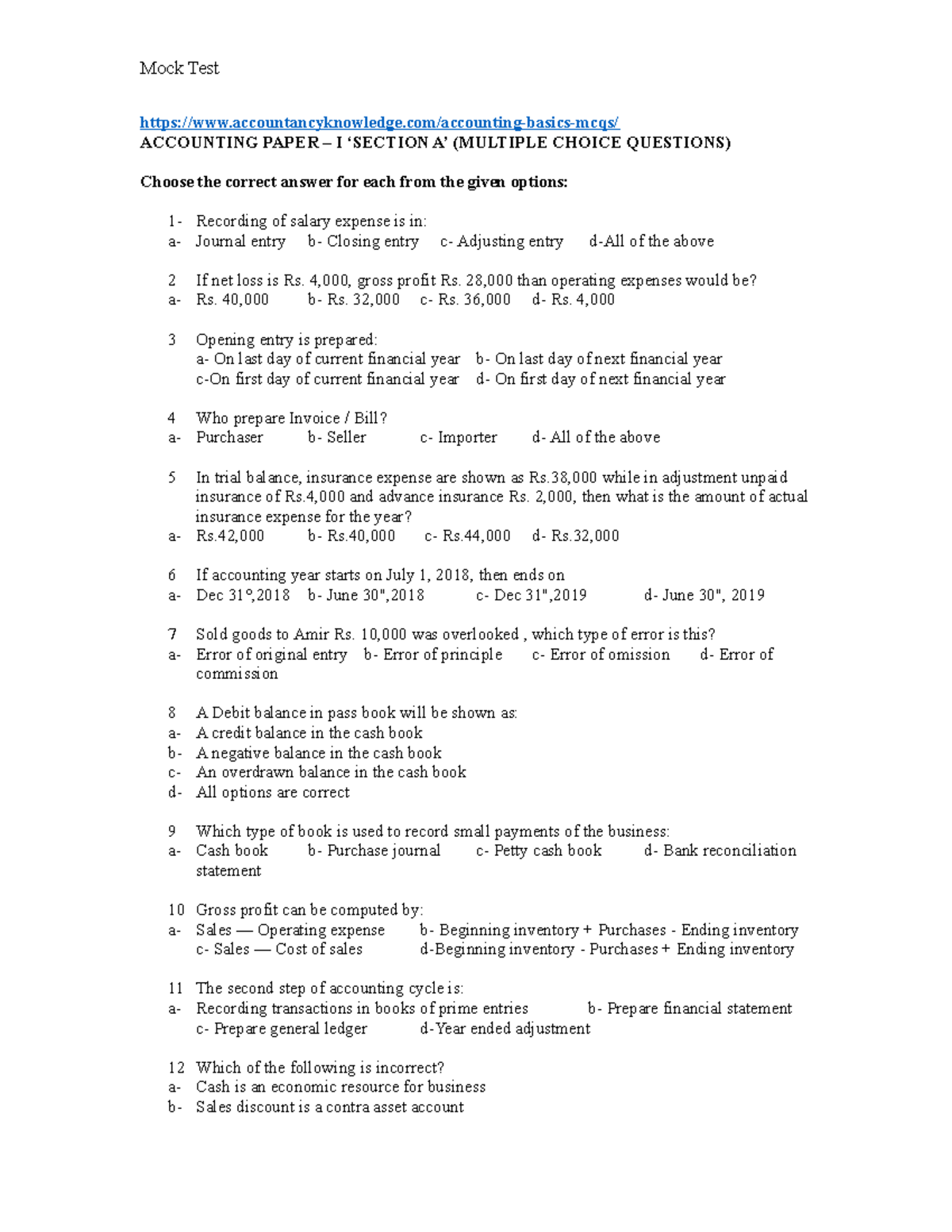 M Paper Accounts - Abc - accountancyknowledge/accounting-basics-mcqs ...