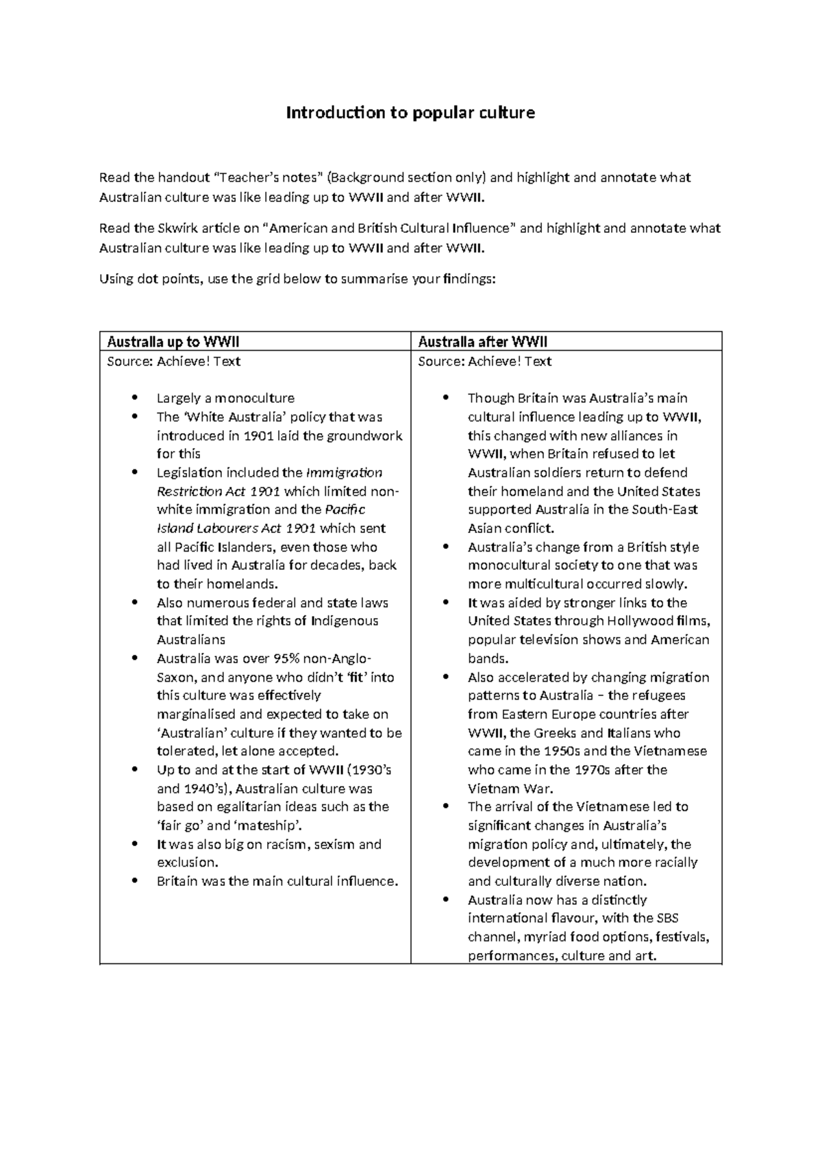 Introduction to popular culture worksheet - Introduction to popular ...