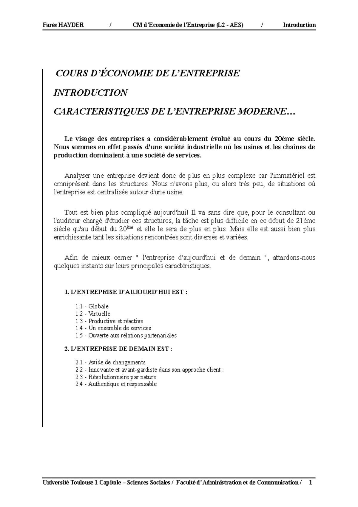 1 Intro Lentreprise aujourdhui - COURS D’ÉCONOMIE DE L’ENTREPRISE INTRODUCTION CARACTERISTIQUES ...