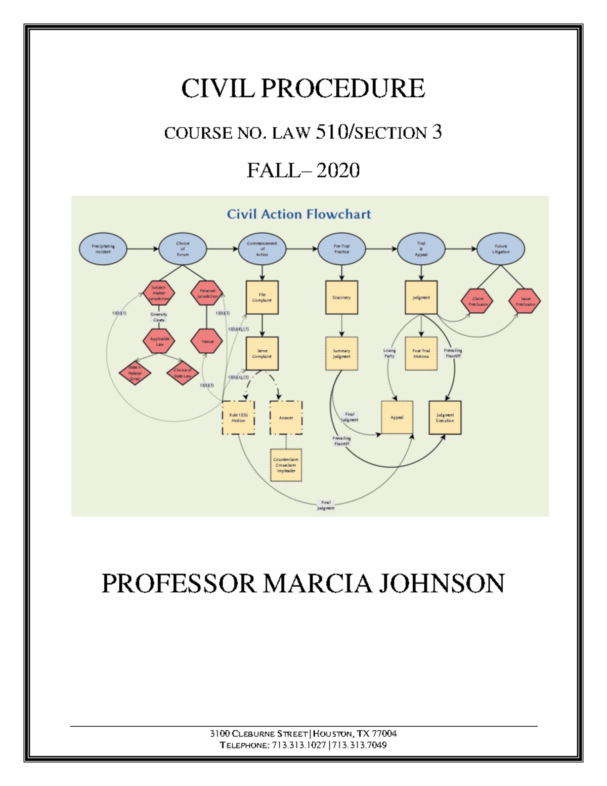 MJohnson Fall 2020 Civil Procedure Syllabus - CIVIL PROCEDURE COURSE NO ...