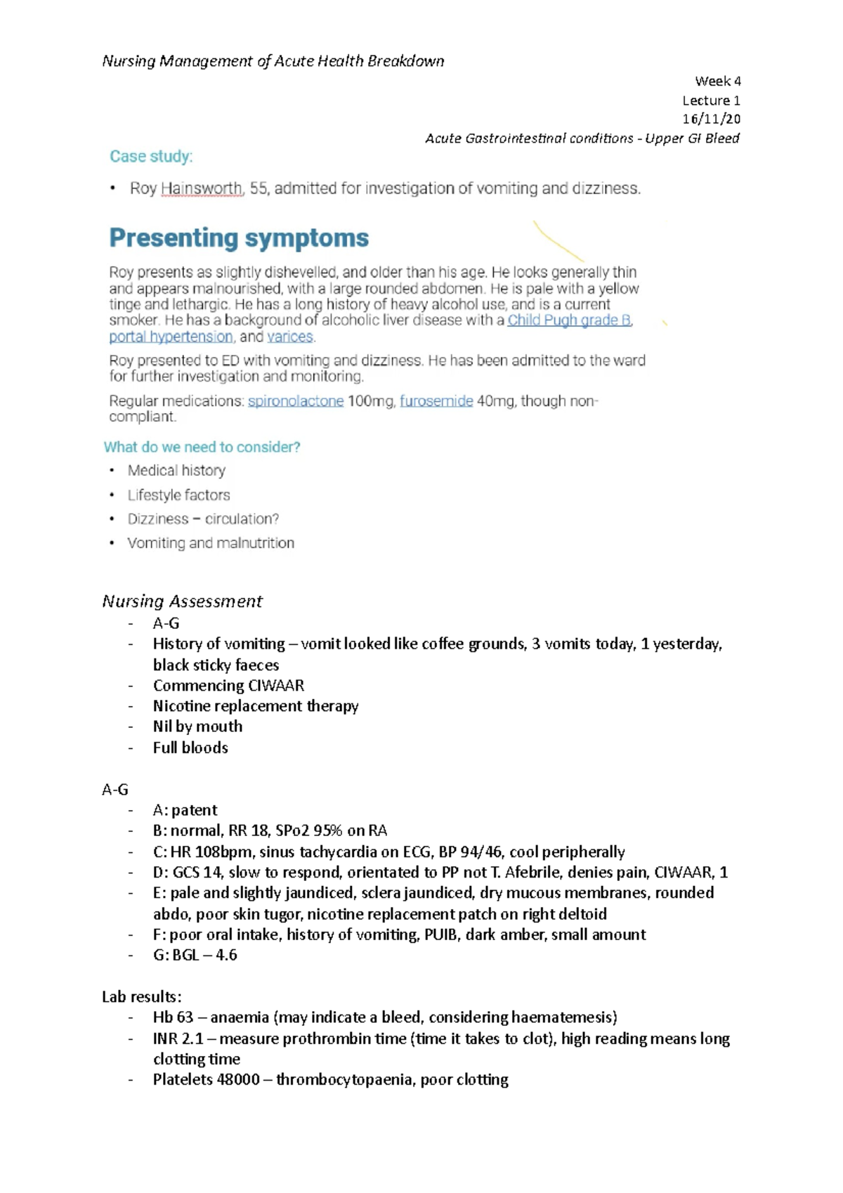 Week 4, Lecture 1 - Nursing Management of Acute Health Breakdown Week 4 ...