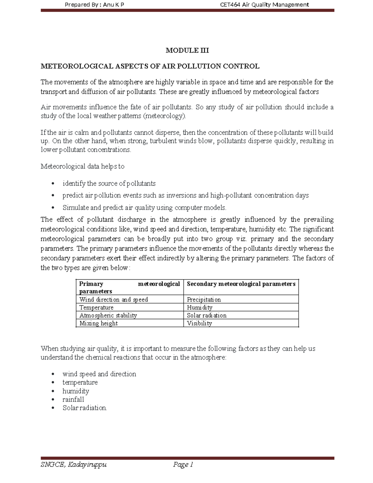 AQM Module 3 - MODULE III METEOROLOGICAL ASPECTS OF AIR POLLUTION ...