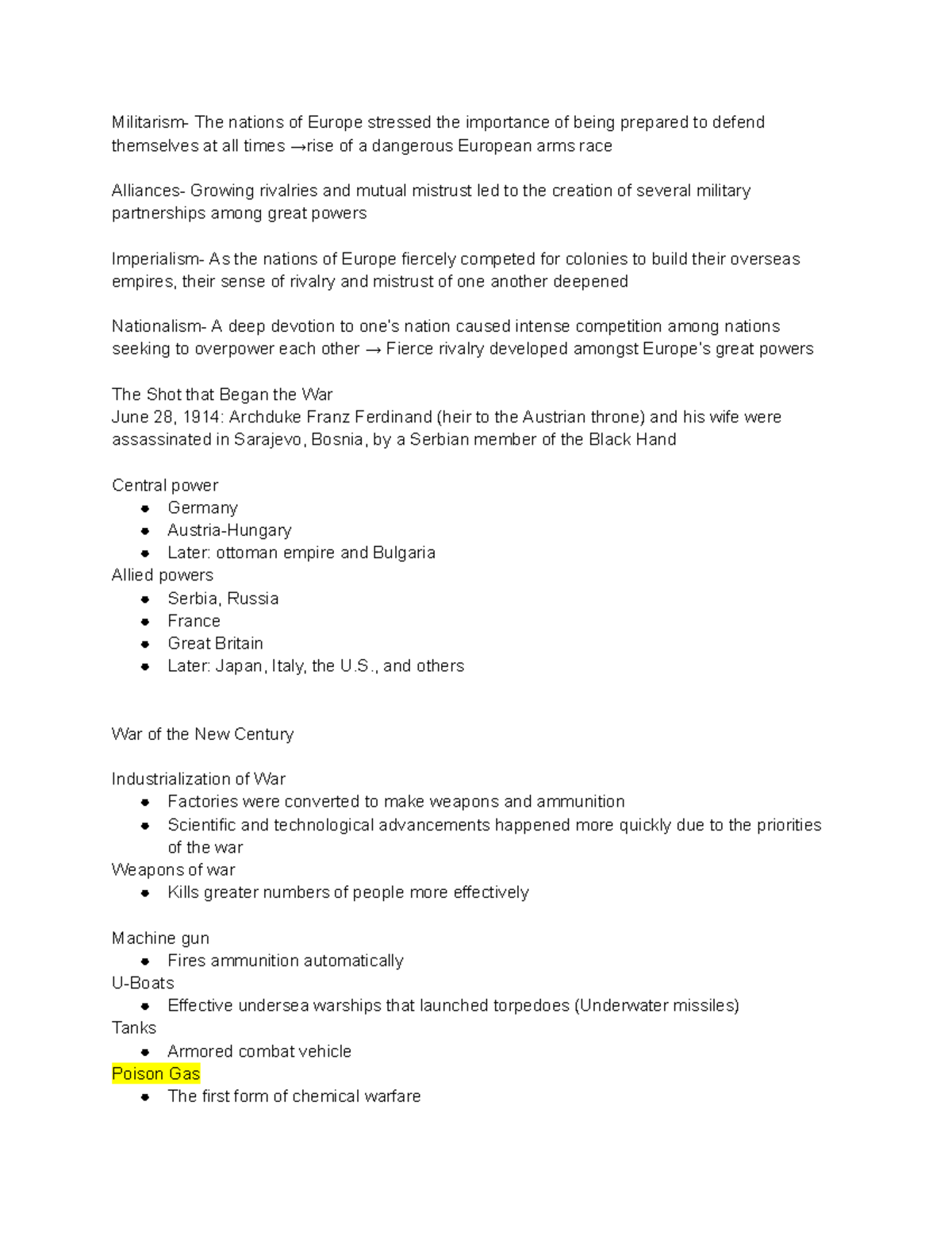 Notes World War 1 - Militarism- The nations of Europe stressed the ...