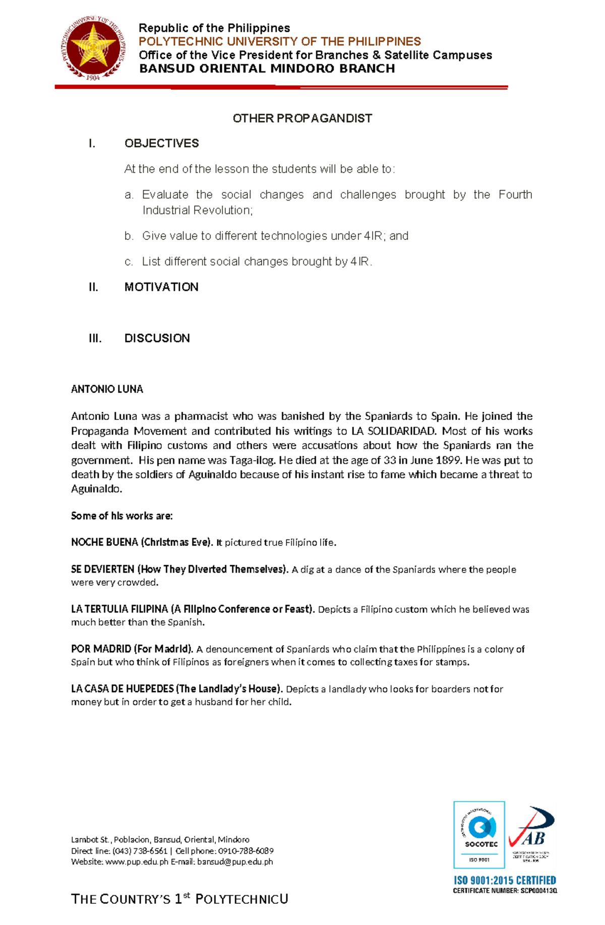 Other Propagandist Module - Republic of the Philippines POLYTECHNIC UNIVERSITY OF THE ...