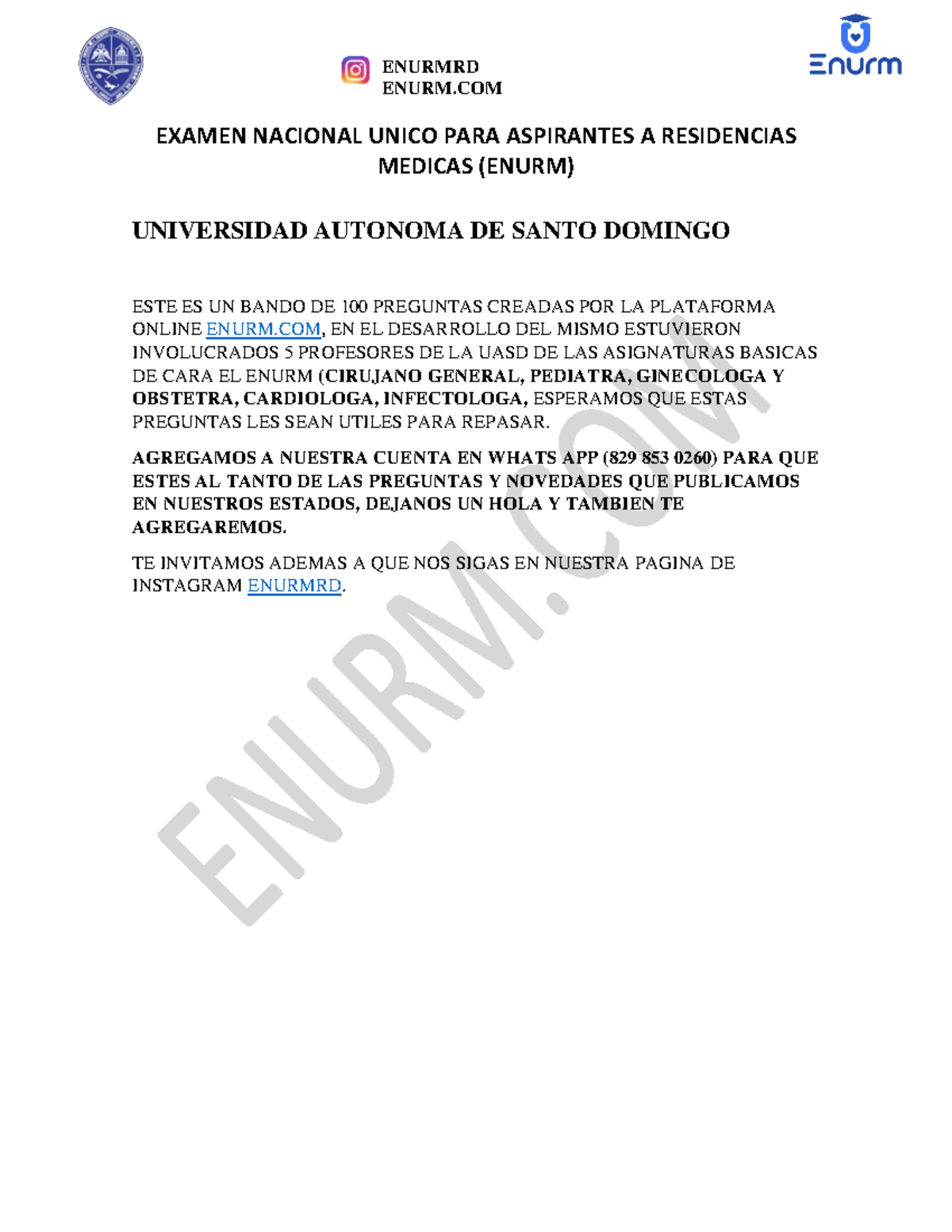 Banco 1 00 preguntas enurm D - ENURM EXAMEN NACIONAL UNICO PARA ...
