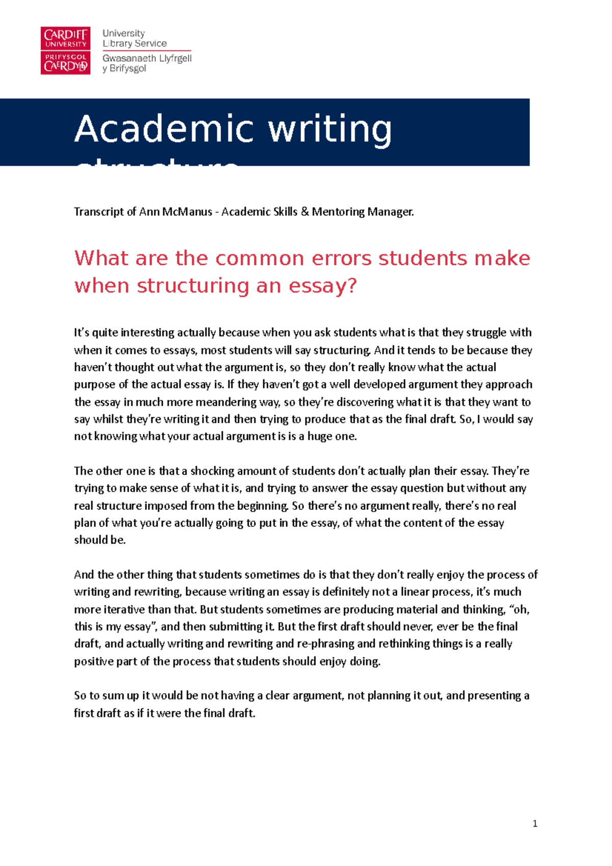 Academic writing structure-transcript - Academic writing structure ...