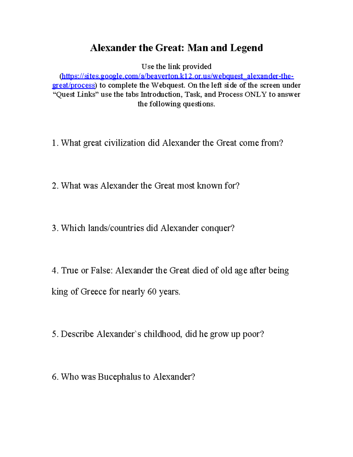 Alexanderthe Great Webquest - Alexander the Great: Man and Legend Use ...