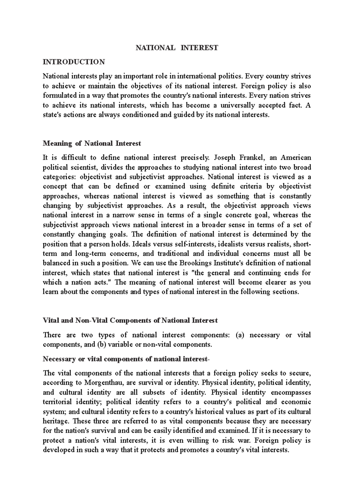 National Interest Lecture Notes 4 NATIONAL INTEREST INTRODUCTION