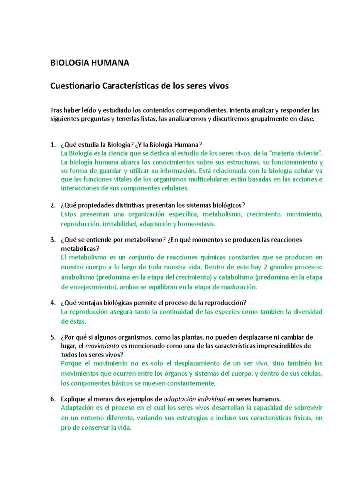 Cuestionario 1 Características de los seres vivos (resuelto) - BIOLOGIA ...