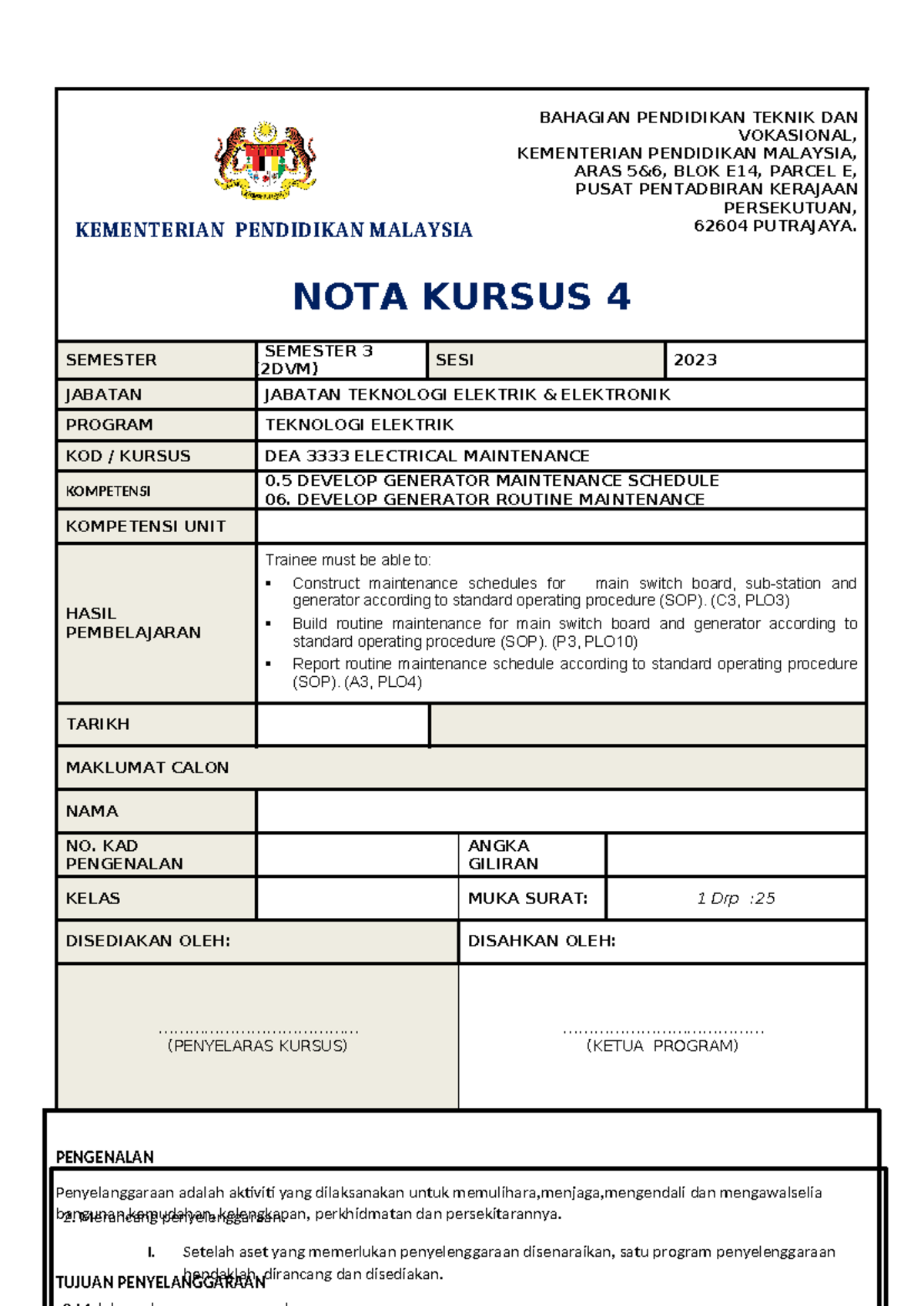 NOTA Kursus 4 DEA 3333 2023 - BAHAGIAN PENDIDIKAN TEKNIK DAN VOKASIONAL, KEMENTERIAN PENDIDIKAN ...
