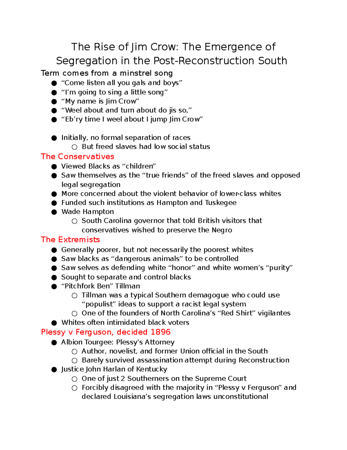 The Rise of Jim Crow - The Rise of Jim Crow Lecture Notes - The Rise of ...