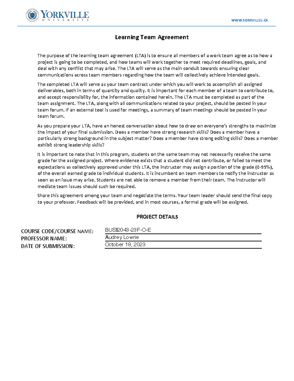 Learning Team Agreement - The LTA will serve as the main conduit ...