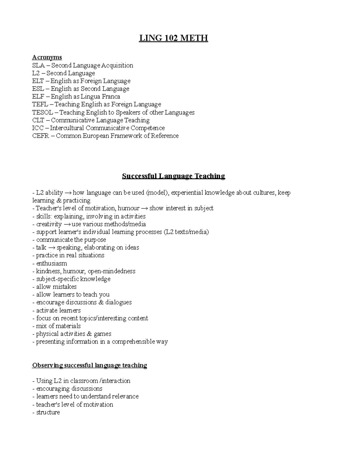 LING102 Meth V Zusammenfassung - LING 102 METH Acronyms SLA – Second ...