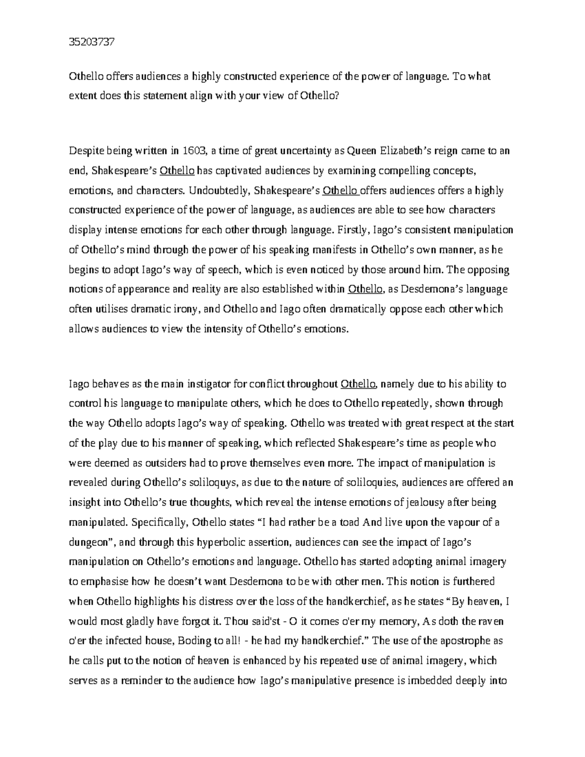 Othello essay power of language - 35203737 Othello offers audiences a ...