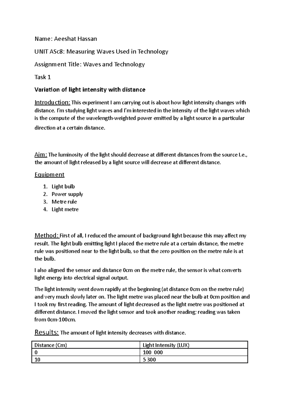 Physics Assignment - ass - Name: Aeeshat Hassan UNIT ASc8: Measuring ...