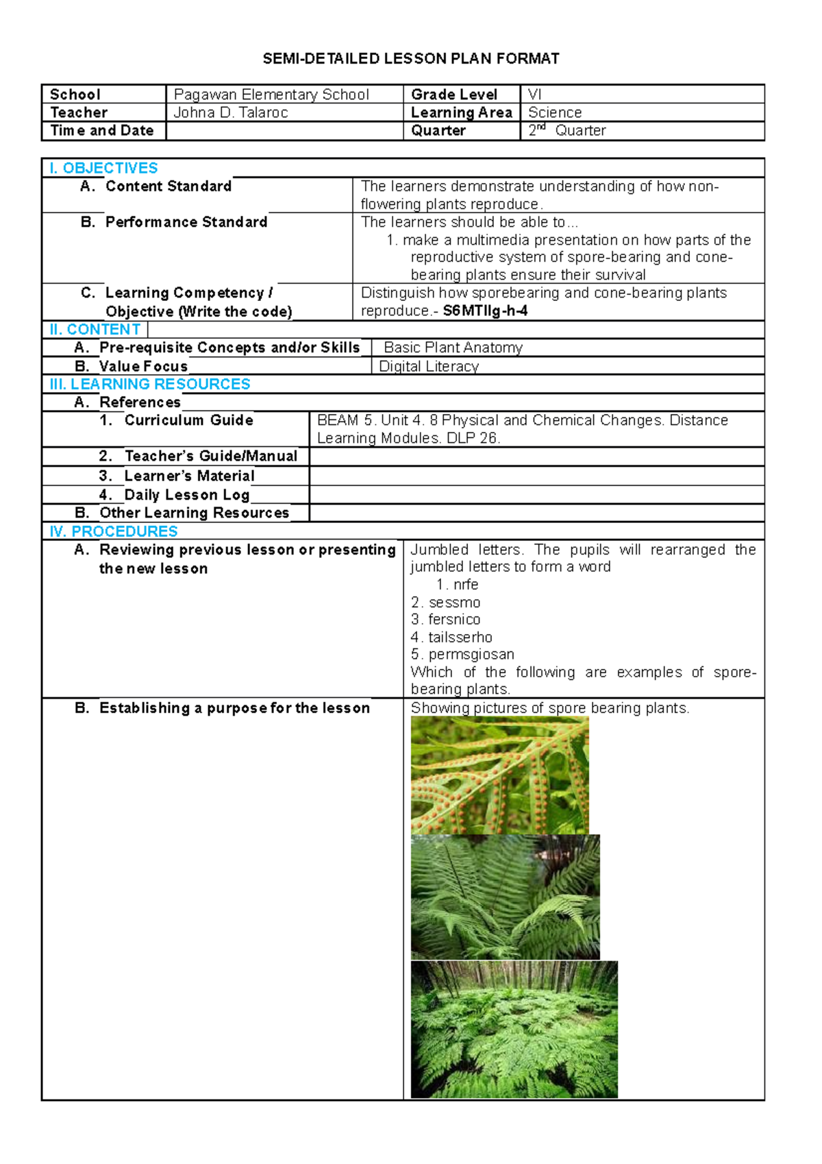 Johna - Lesson plan - SEMI-DETAILED LESSON PLAN FORMAT School Pagawan ...