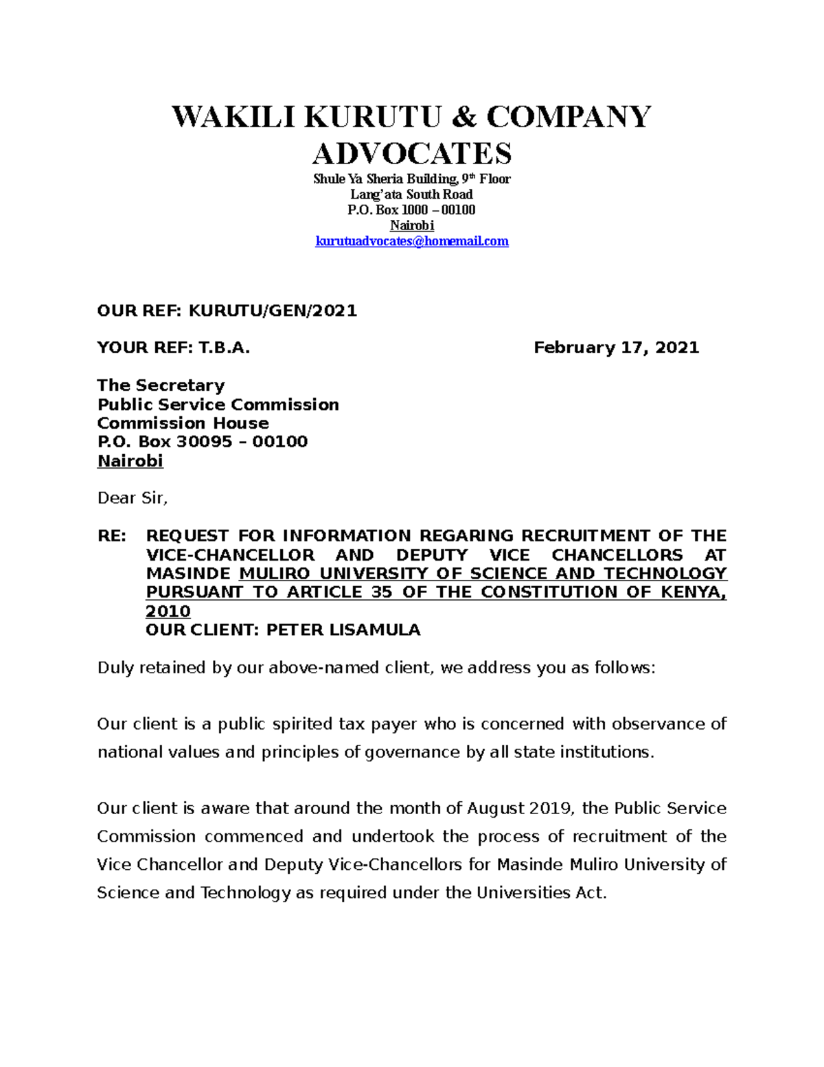 Request FOR Information TO Public Service Commission - WAKILI KURUTU ...