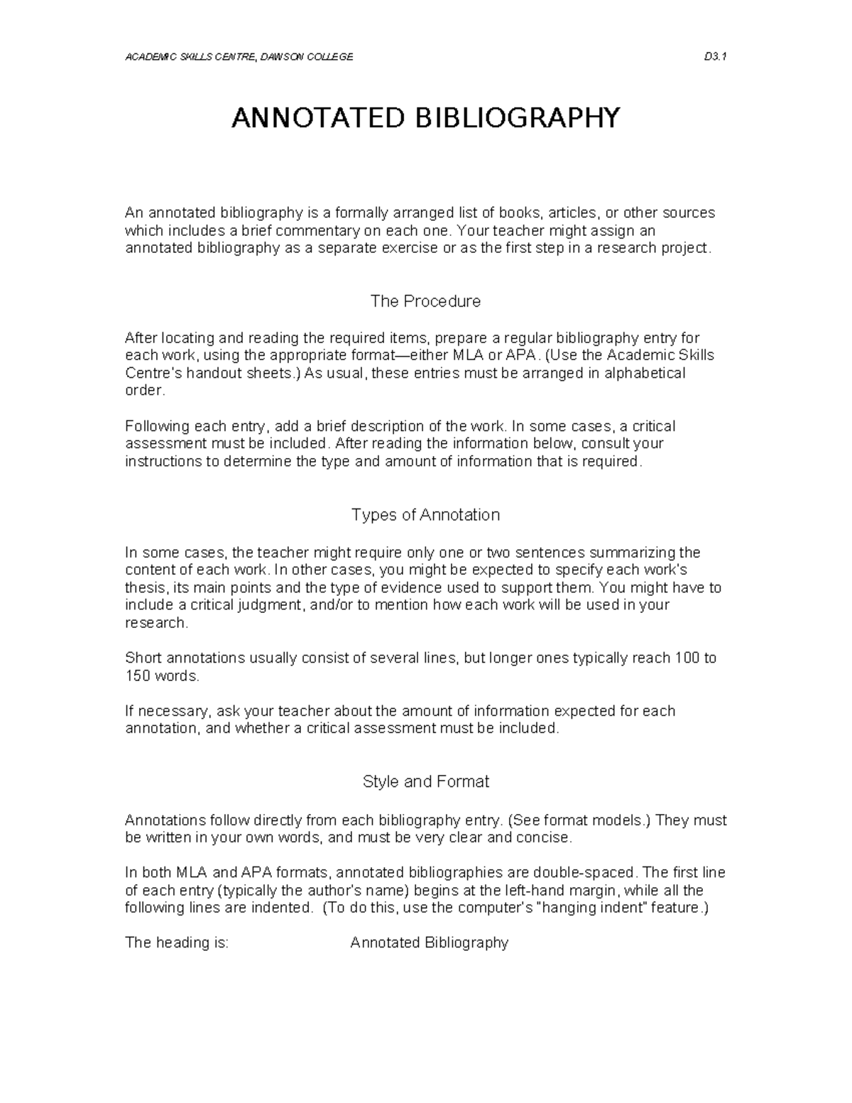 D3.1-Annotated-Bibliography - ACADEMIC SKILLS CENTRE, DAWSON COLLEGE D3 ...