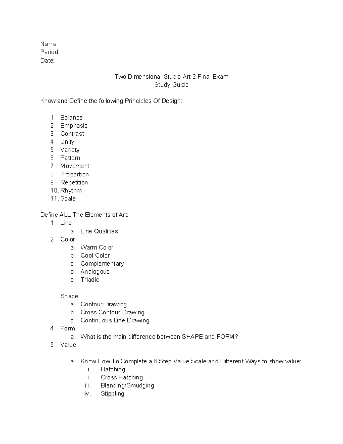 Two Dimensional Art 2 Final SG - Name Period: Date: Two Dimensional ...