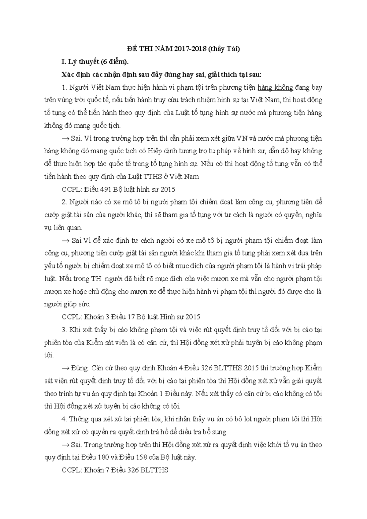 ĐỀ THI ÔN LUẬT TTHS - ĐỀ THI NĂM 2017-2018 (thầy Tài) I. Lý thuyết (6 điểm). Xác định các nhận ...