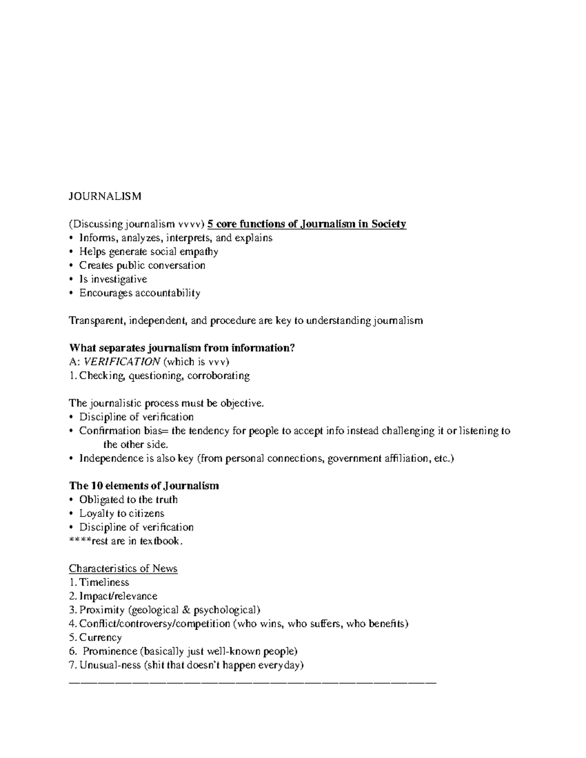 Journalism lecture notes - JOURNALISM (Discussing journalism 5 core ...