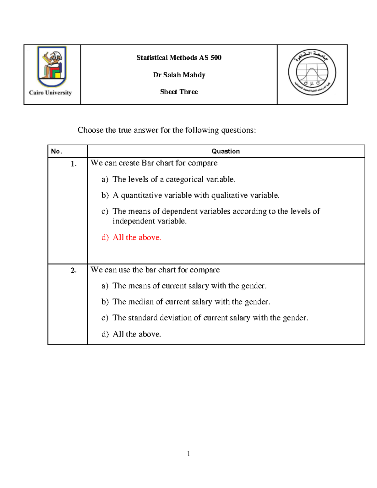 4 5922732357558733897 Statistical Methods As 500 Dr Salah Mahdy Sheet Three Choose The True