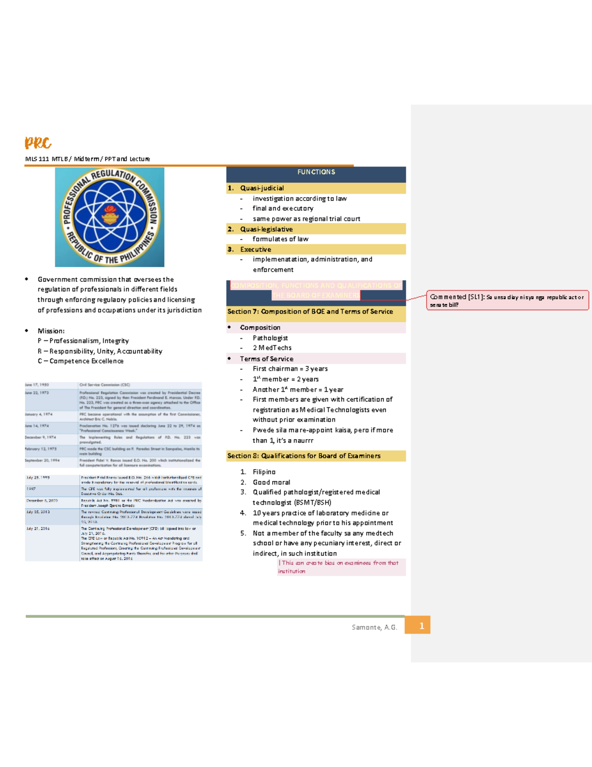 4. PRC - Summary Bioethics - MLS 111 MTLB / Midterm / PPT and Lecture Government commission that ...