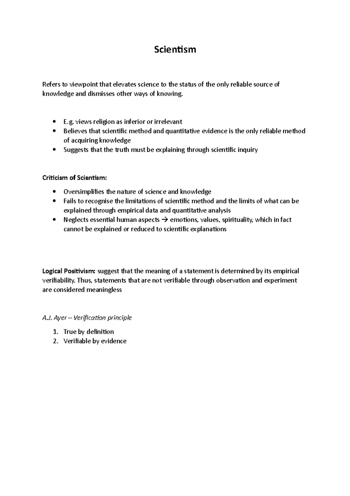 Scientism - Notes - Scientism Refers to viewpoint that elevates science ...