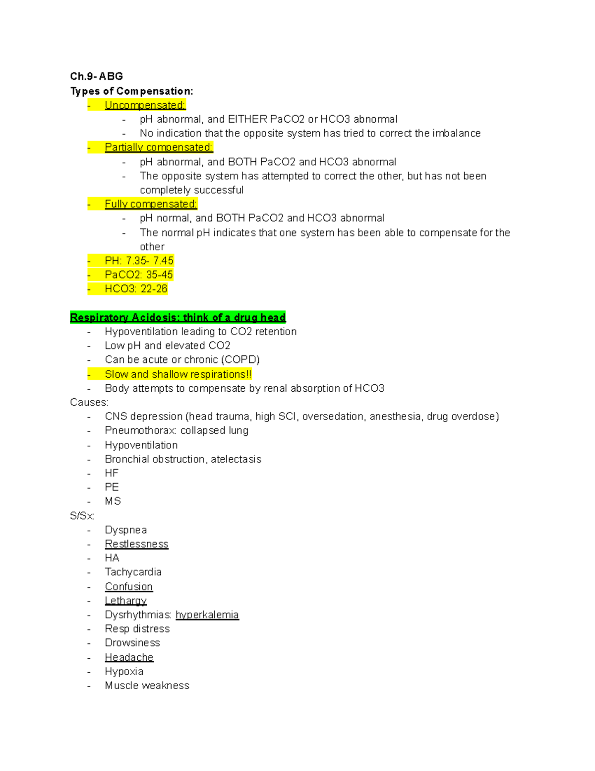Unit 4 Study guide - Ch- ABG Types of Compensation: - Uncompensated ...