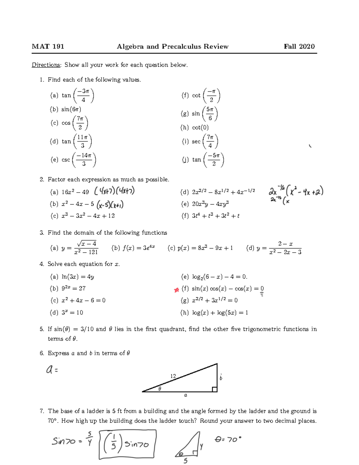 Algebra Precalc Review - MAT 191 Algebra and Precalculus Review Fall ...