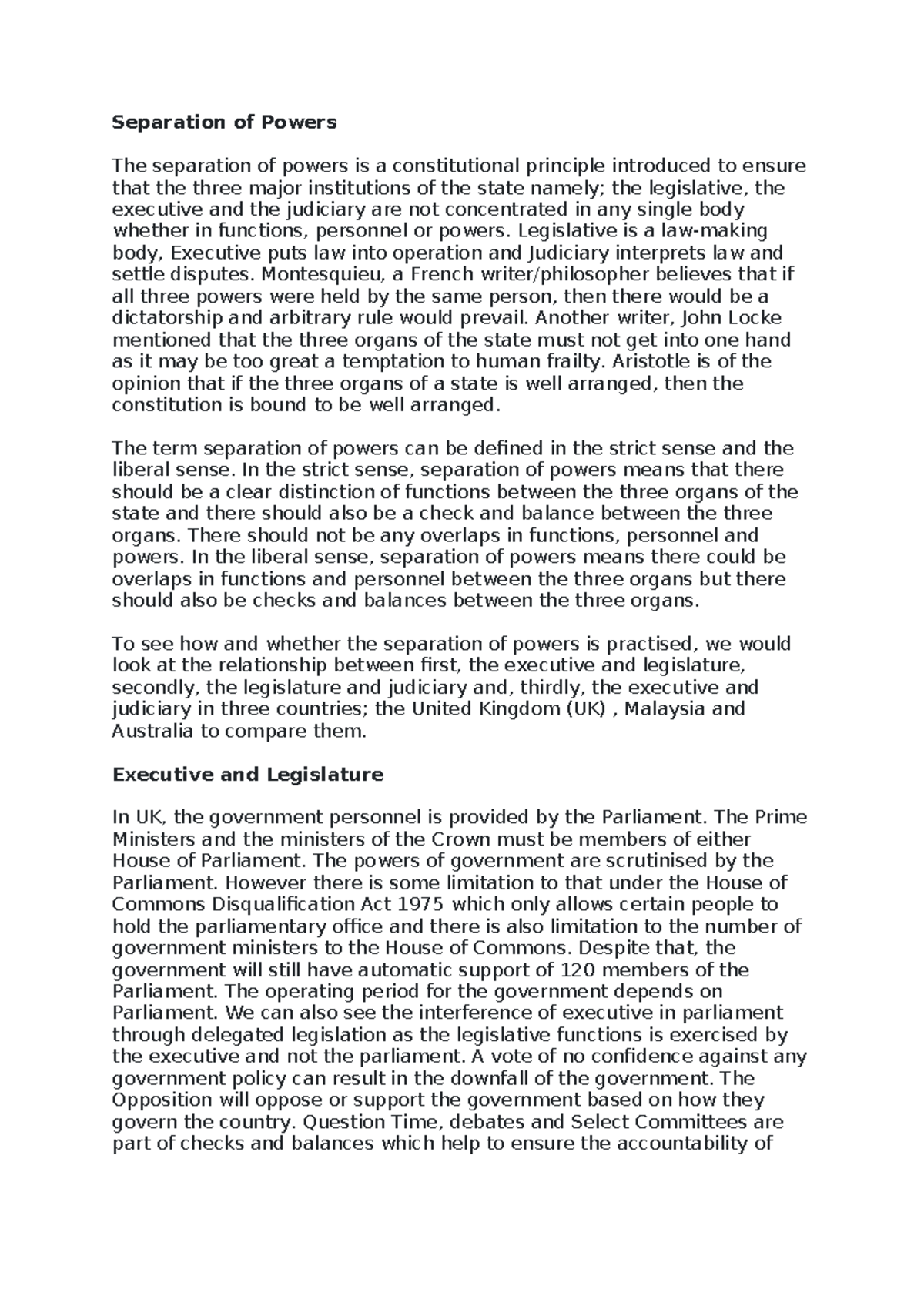 Separation of Powers - Legislative is a law-making body, Executive puts ...