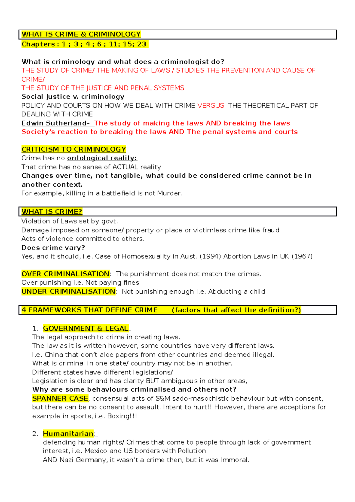 CRM 100 Study Notes - WHAT IS CRIME & CRIMINOLOGY Chapters : 1 ; 3 ; 4 ...