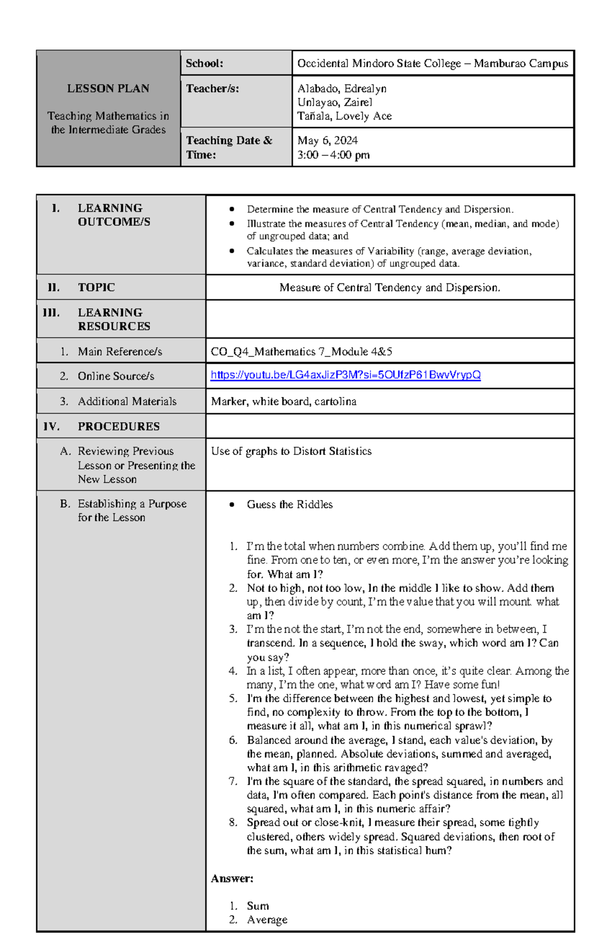 Lesson PLAN IN Teaching Mathematics Alabado Unlayao Tañala - LESSON ...