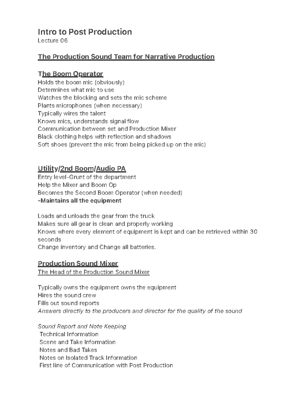 Intro to Post Production - Intro to Post Production Lecture 06 The Production Sound Team for ...