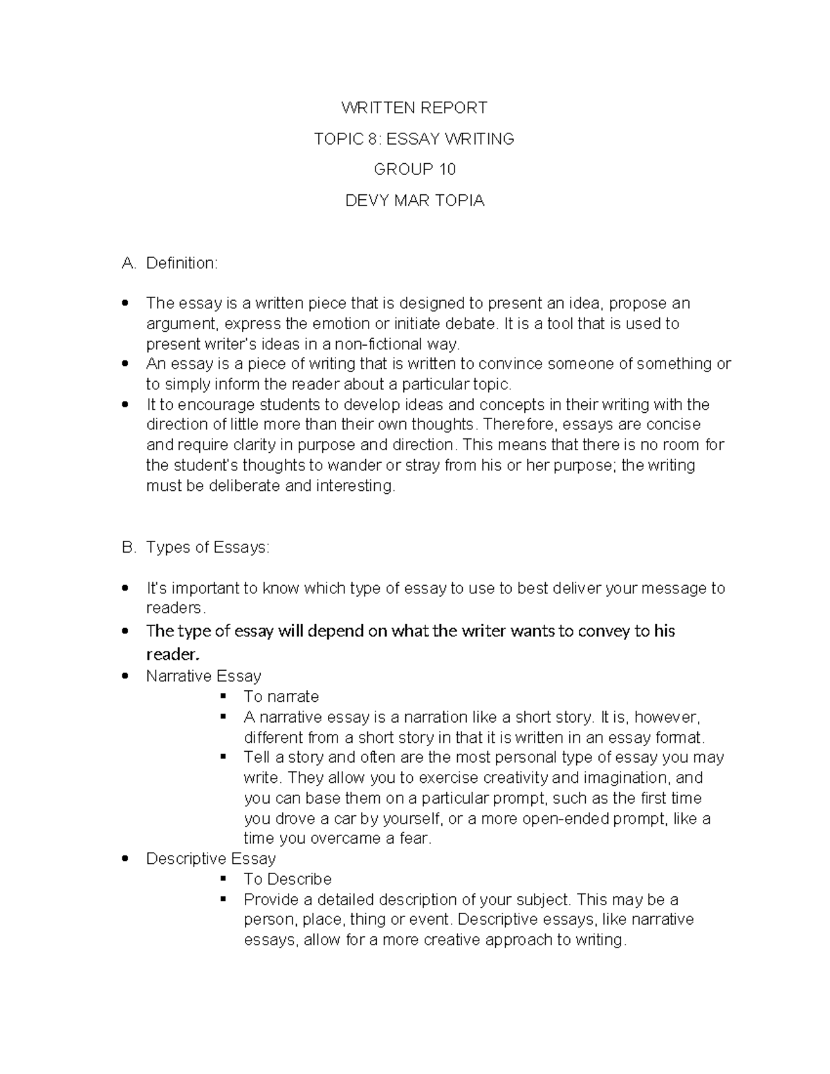 English Written Reports - WRITTEN REPORT TOPIC 8: ESSAY WRITING GROUP ...