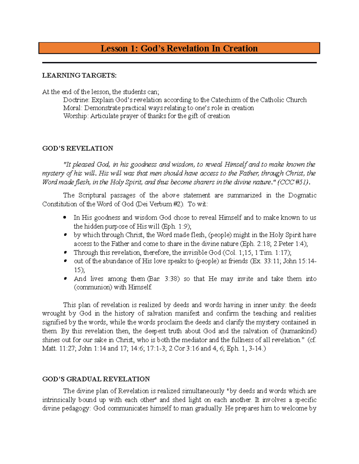 1 - n/a - Lesson 1: God’s Revelation In Creation LEARNING TARGETS: At ...