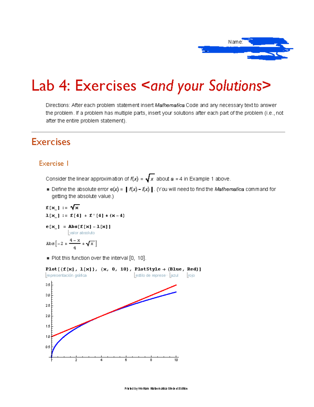 Lab 4 - Wolfram Mathematica Lab - Name: - Studocu