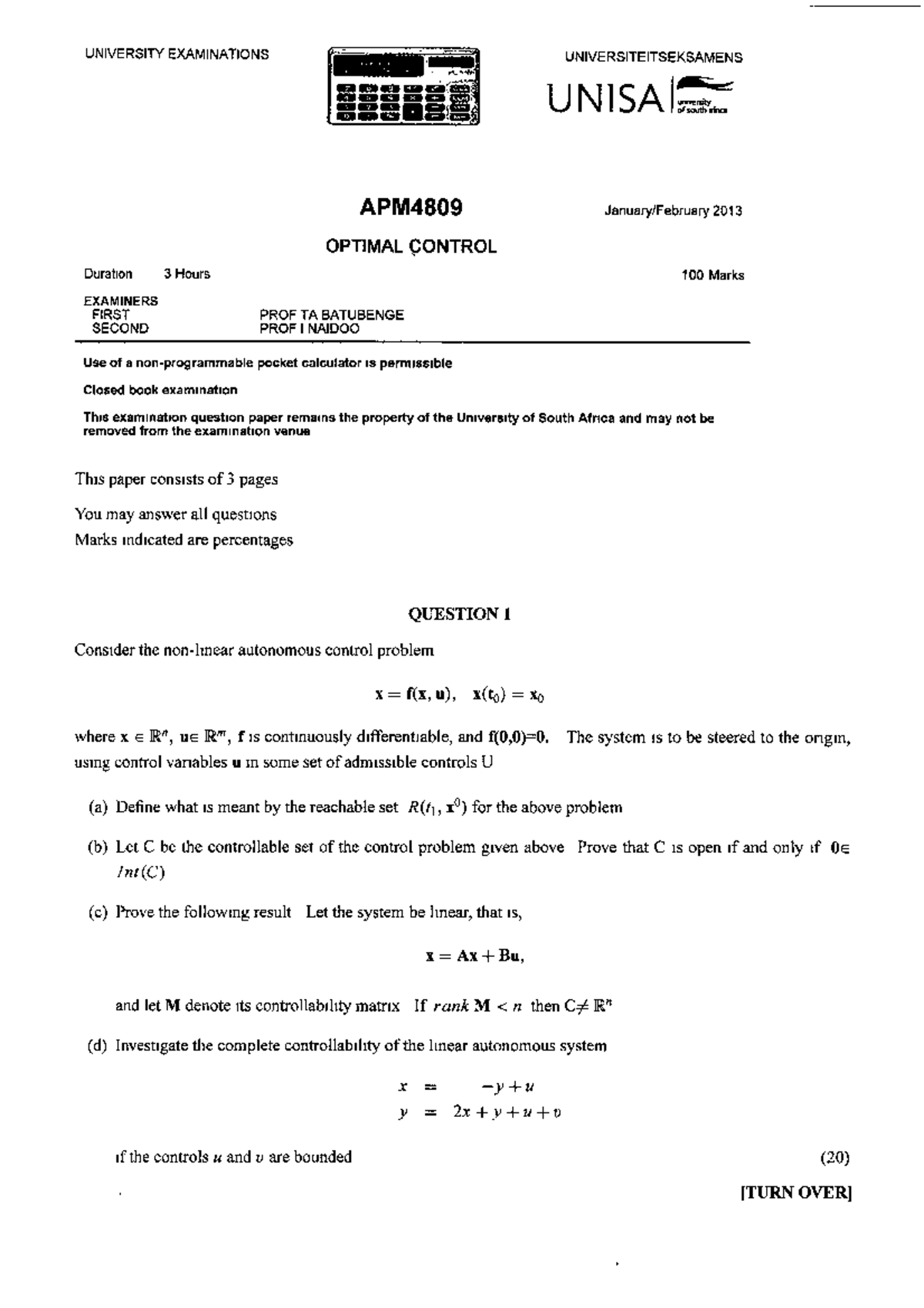 APM4809 2013 1 E 1 - Applied mathematics - MAM1043H - Studocu