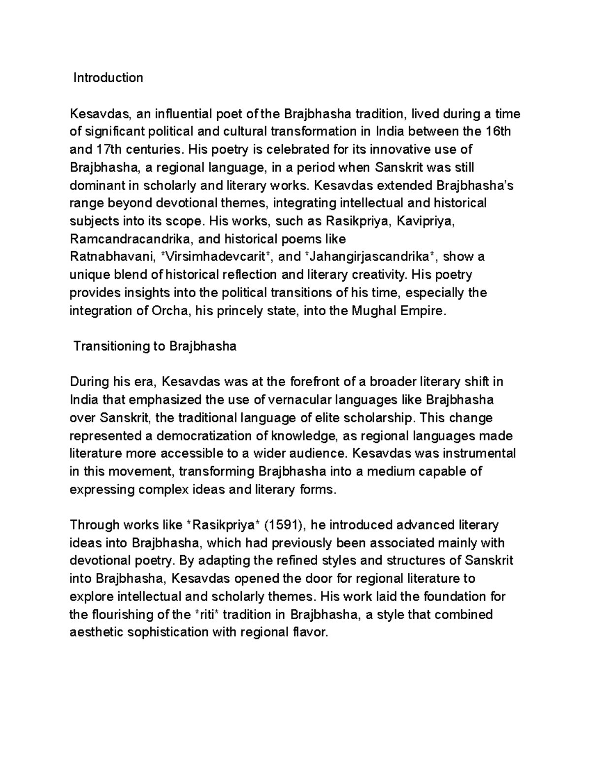 Keshavdas - Notes - Introduction Kesavdas, an influential poet of the ...