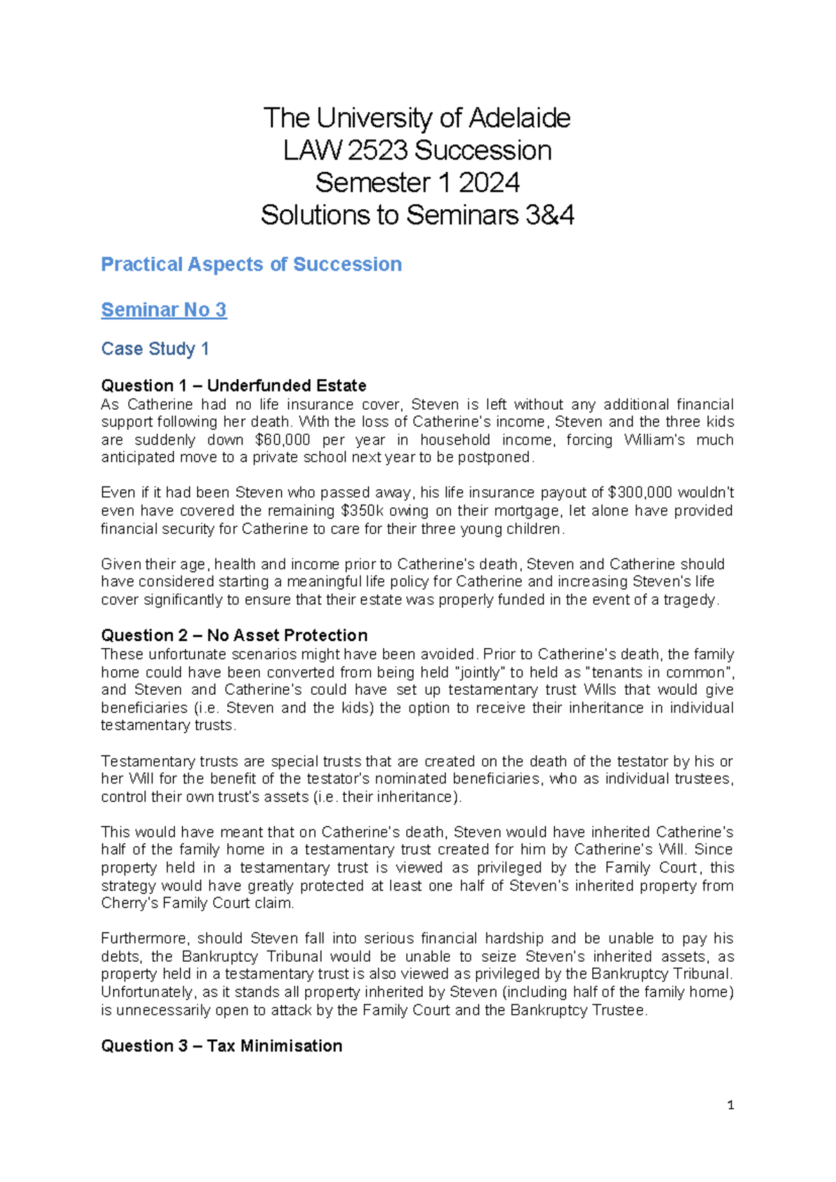 Seminar No 3 & 4 Solutions - The University of Adelaide LAW 2523 ...
