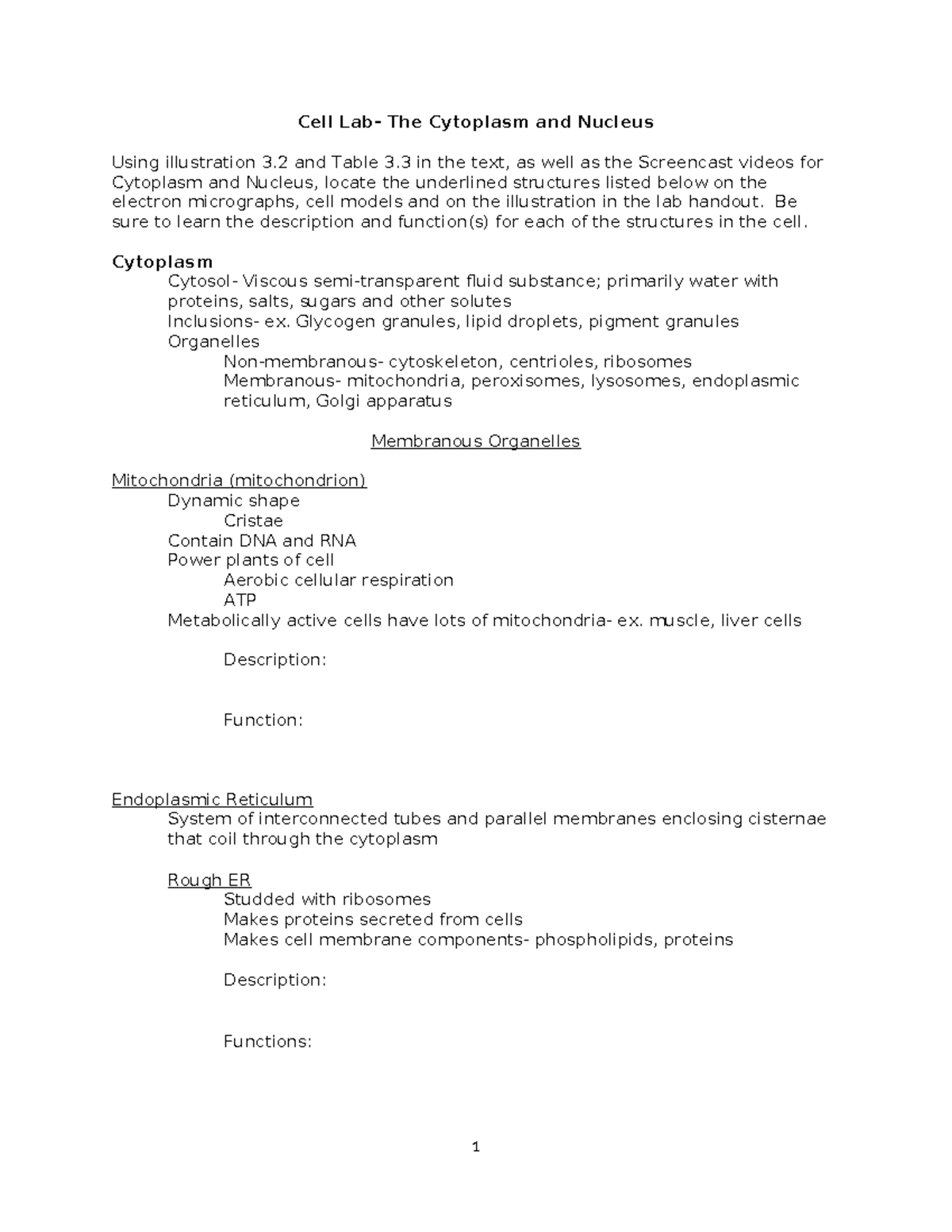 Cell Lab- Cytoplasm and Nucleus 2020 Handout - Cell Lab- The Cytoplasm ...