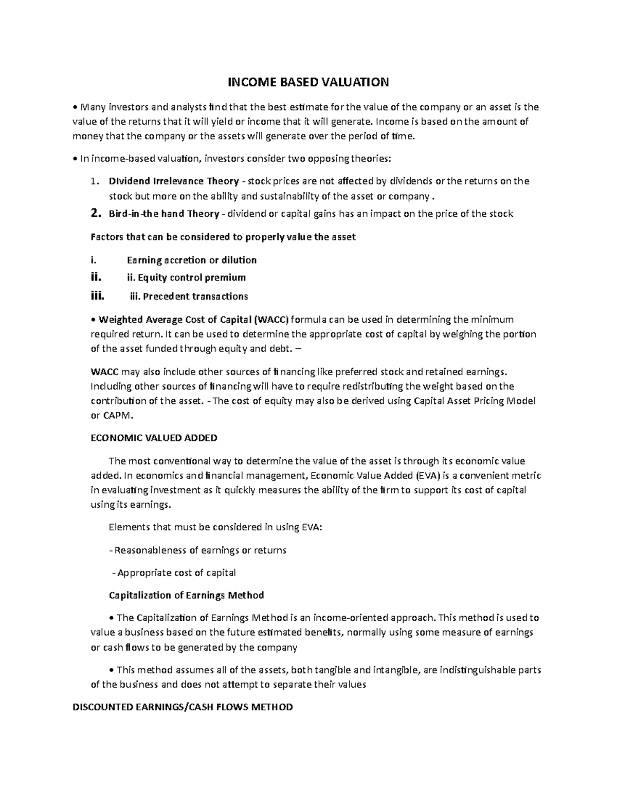 Income Based Valuation - INCOME BASED VALUATION Many investors and ...