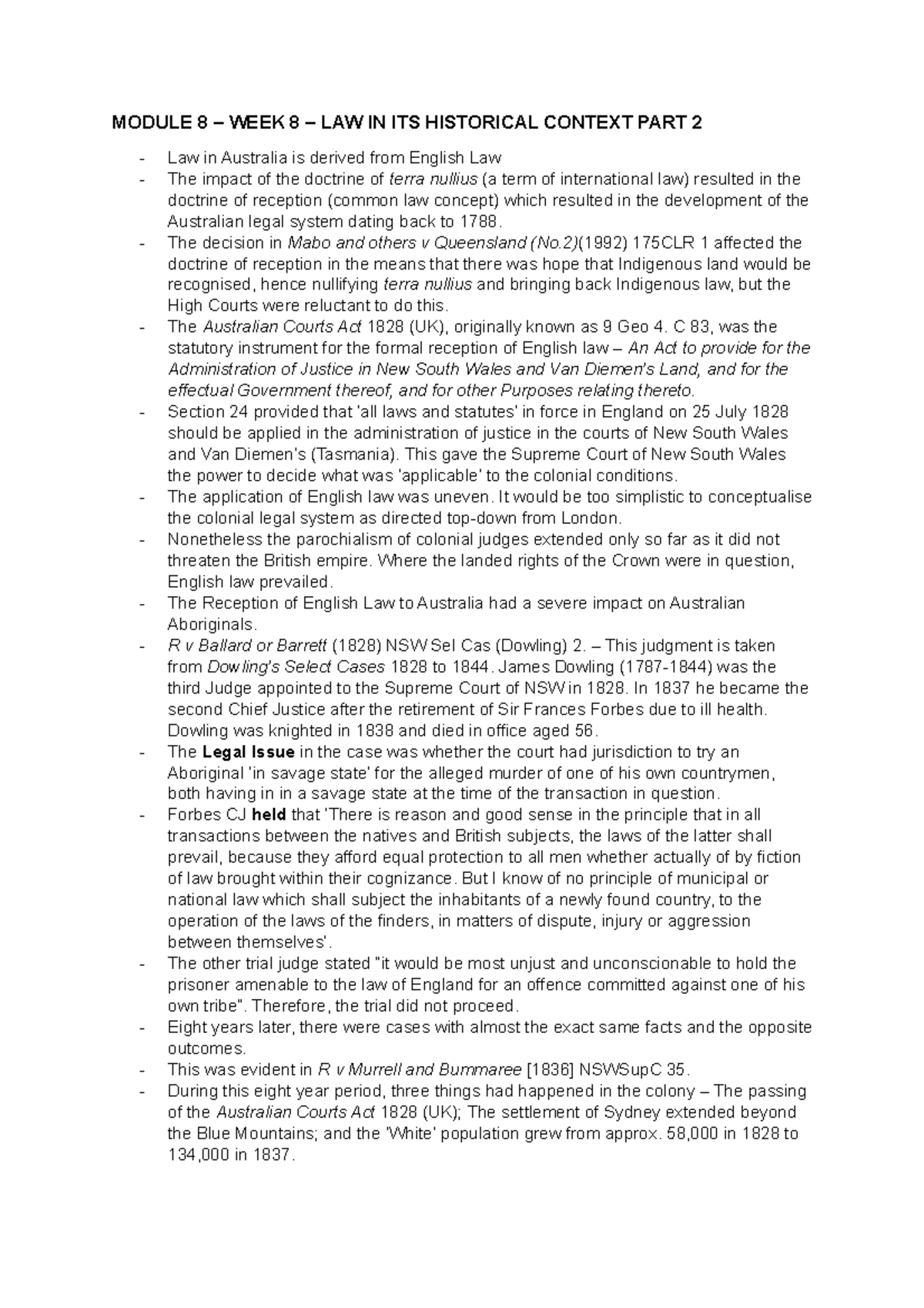 Module 8 Revision Summary - MODULE 8 – WEEK 8 – LAW IN ITS HISTORICAL ...