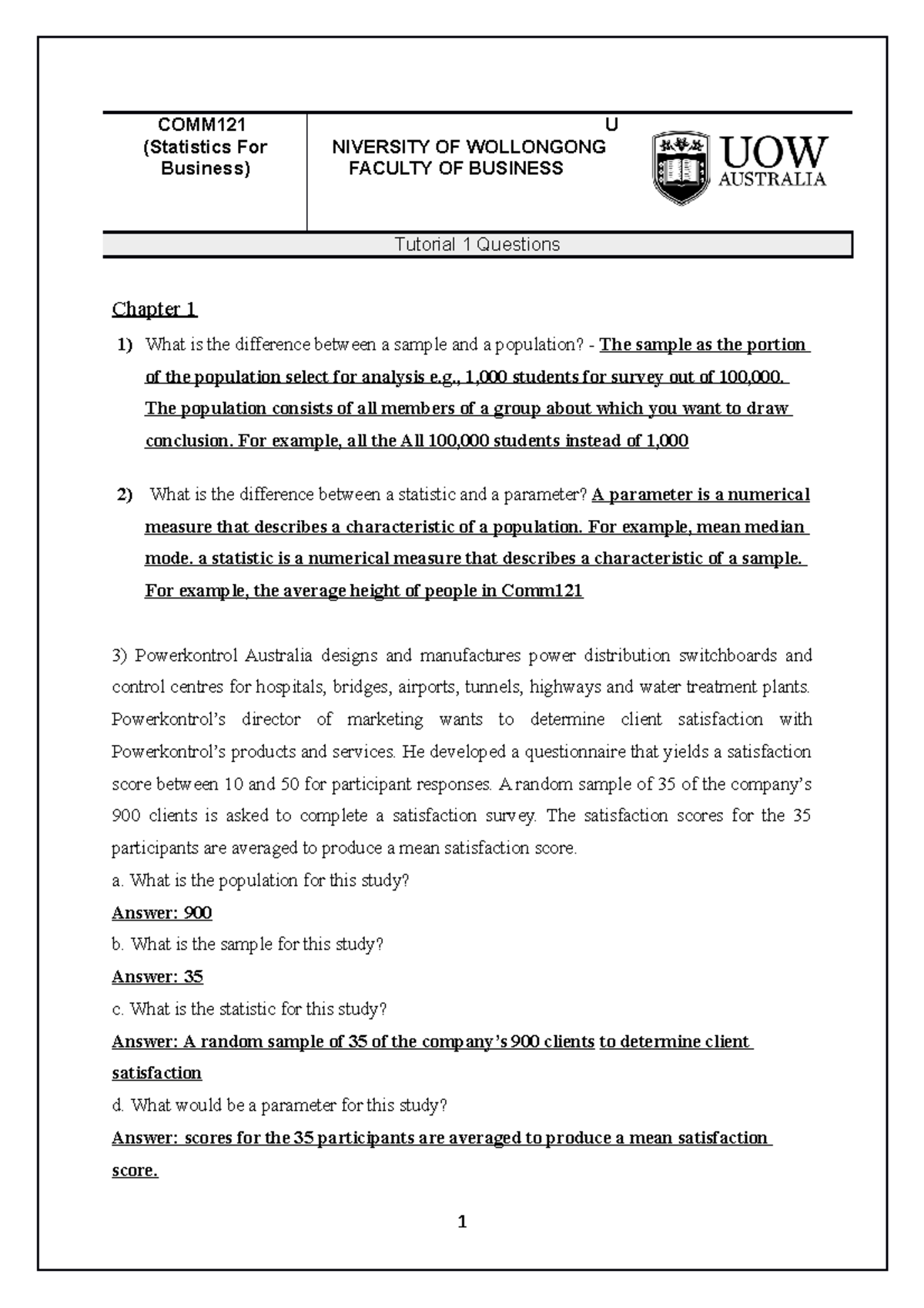 COMM121 Tut 1 Questions Ch 1-3 2020 - COMM (Statistics For Business) U NIVERSITY OF WOLLONGONG ...
