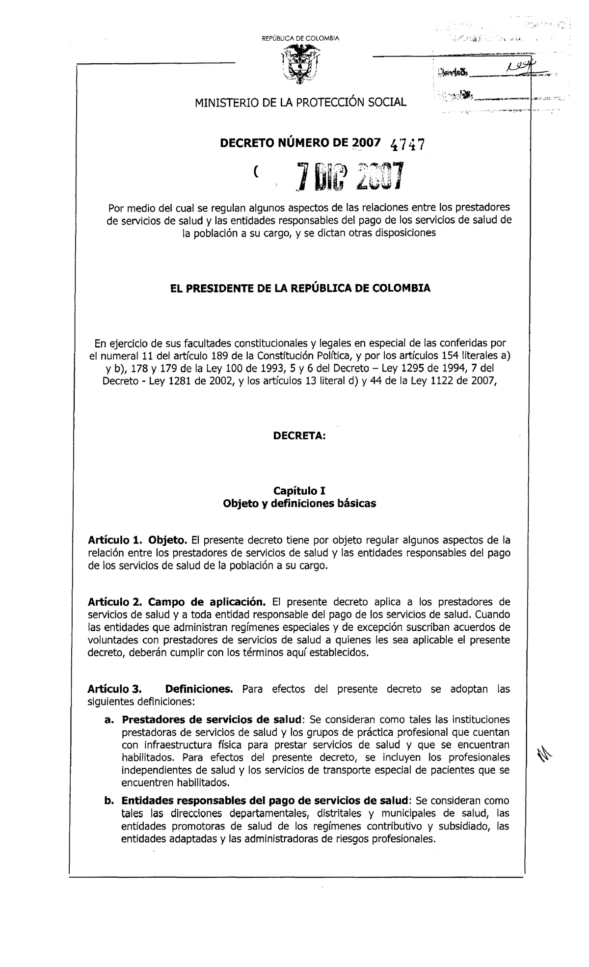 Decreto 4747 de 2007 - Apuntes - R E P Ú B LIC A D E C O LO M B IA 11 ...