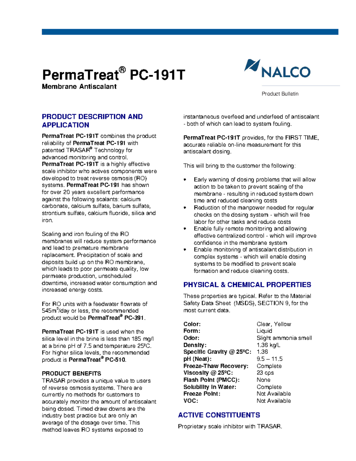 Permatreat PC-191T (TDS) - PermaTreat ® PC-191T Membrane Antiscalant ...