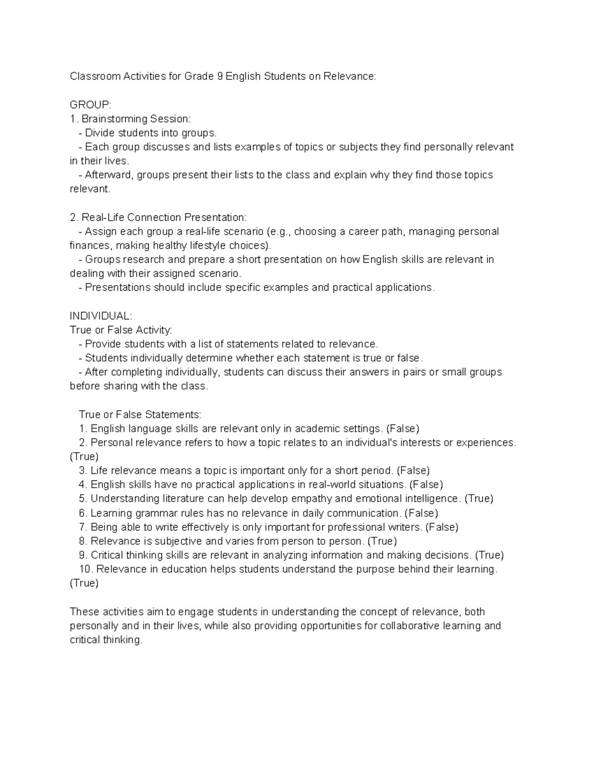 Activity - Essay on activities - Classroom Activities for Grade 9 ...