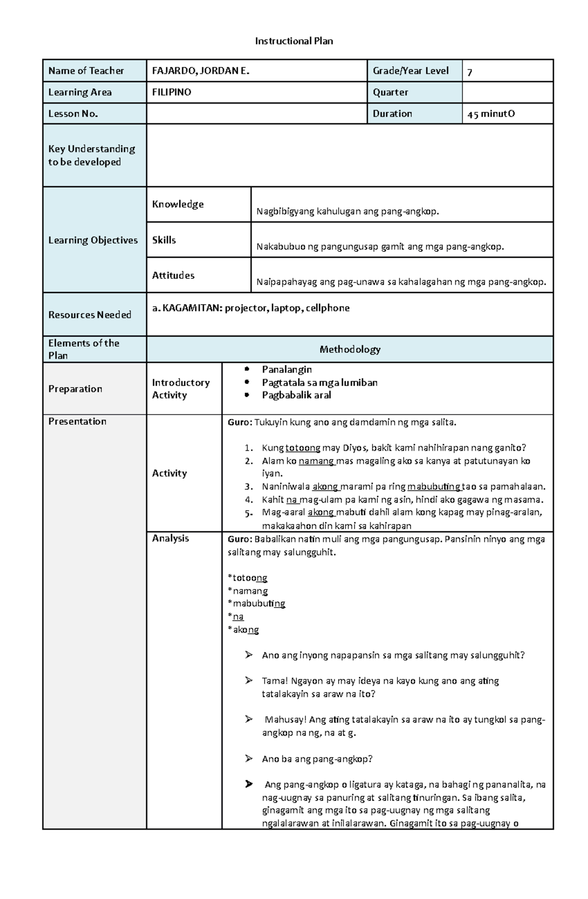 Iplan- Virtual-DEMO - Lesson plan - Instructional Plan Name of Teacher ...
