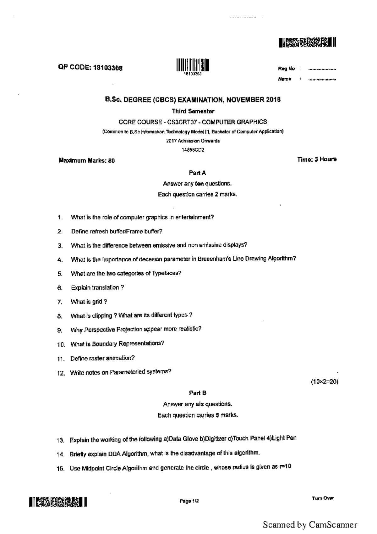 Bsc bca 3 sem computer graphics 18103308 nov 2018 - Question paper for ...